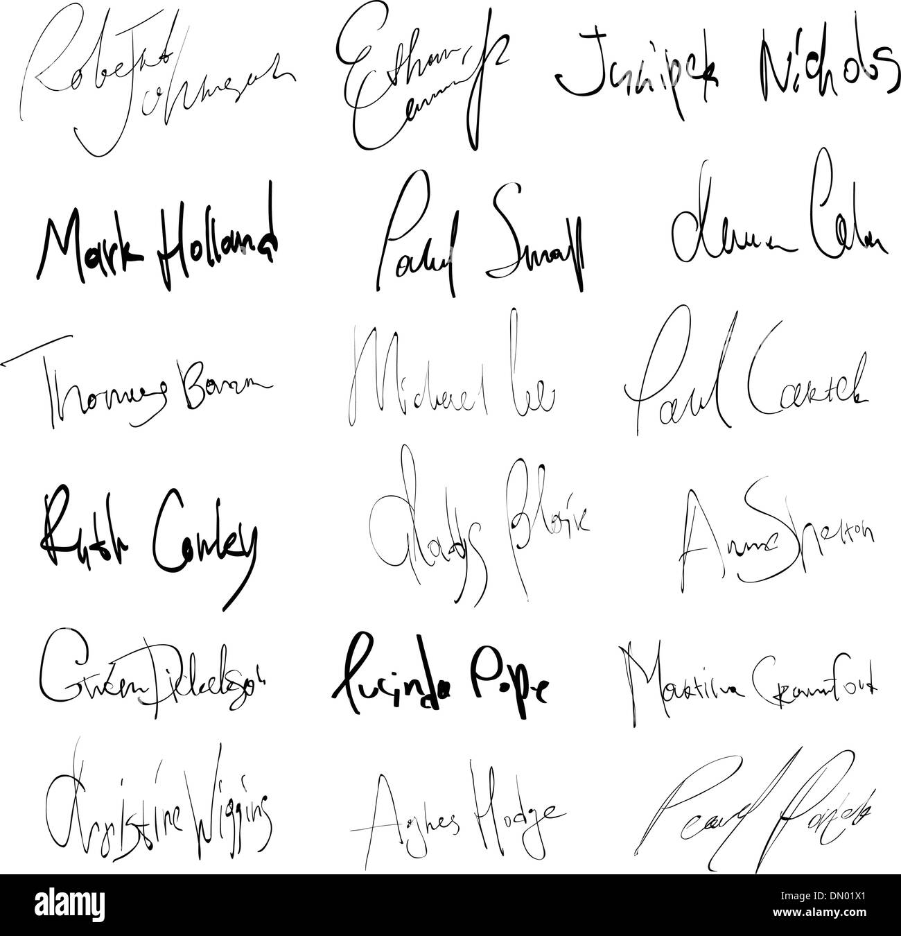 Signatures of mans and womans abstract names. On transparent bac Stock ...