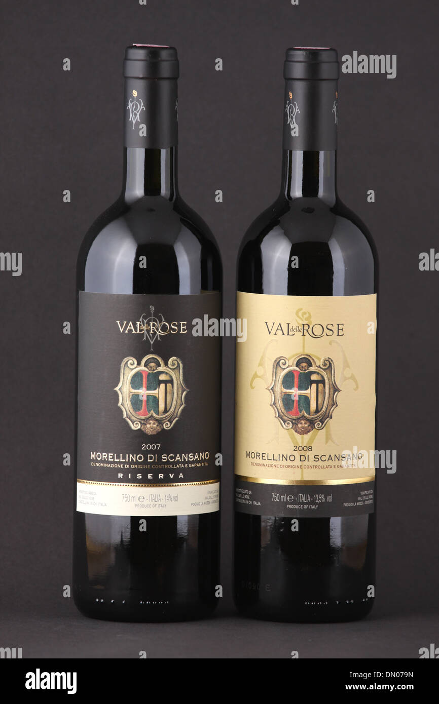 Two bottles of Italian red wine, Val delle Rose 2007 Morellino di ...