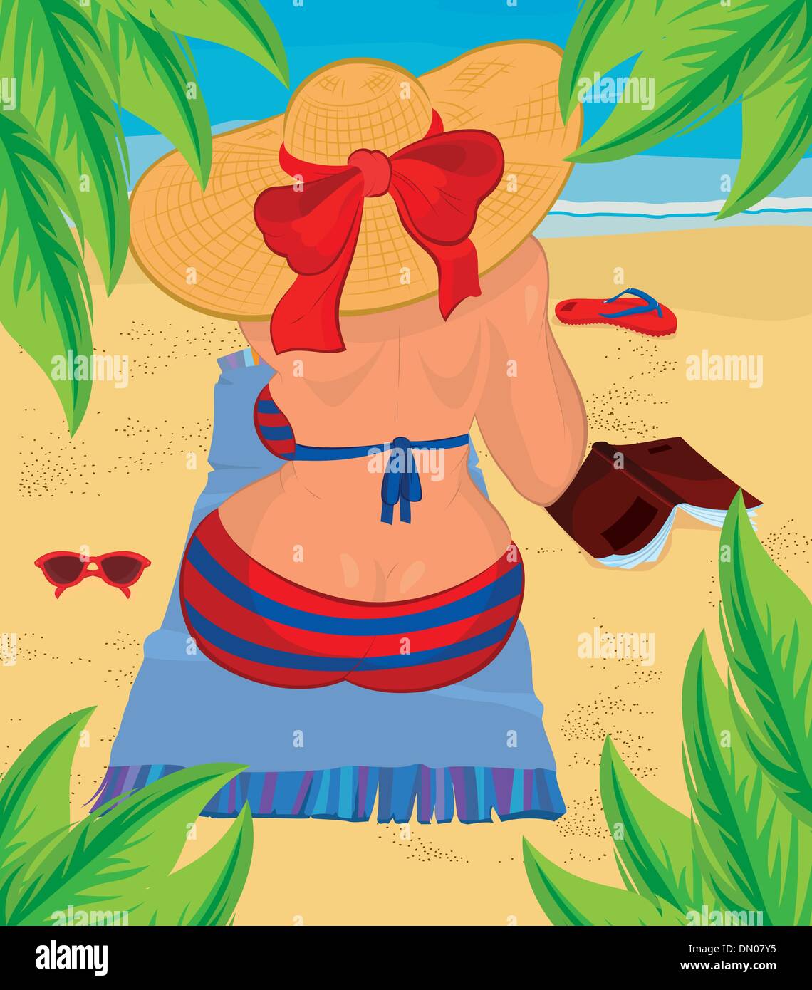 Woman Beach Under Palm Tree Stock Vector Images Alamy