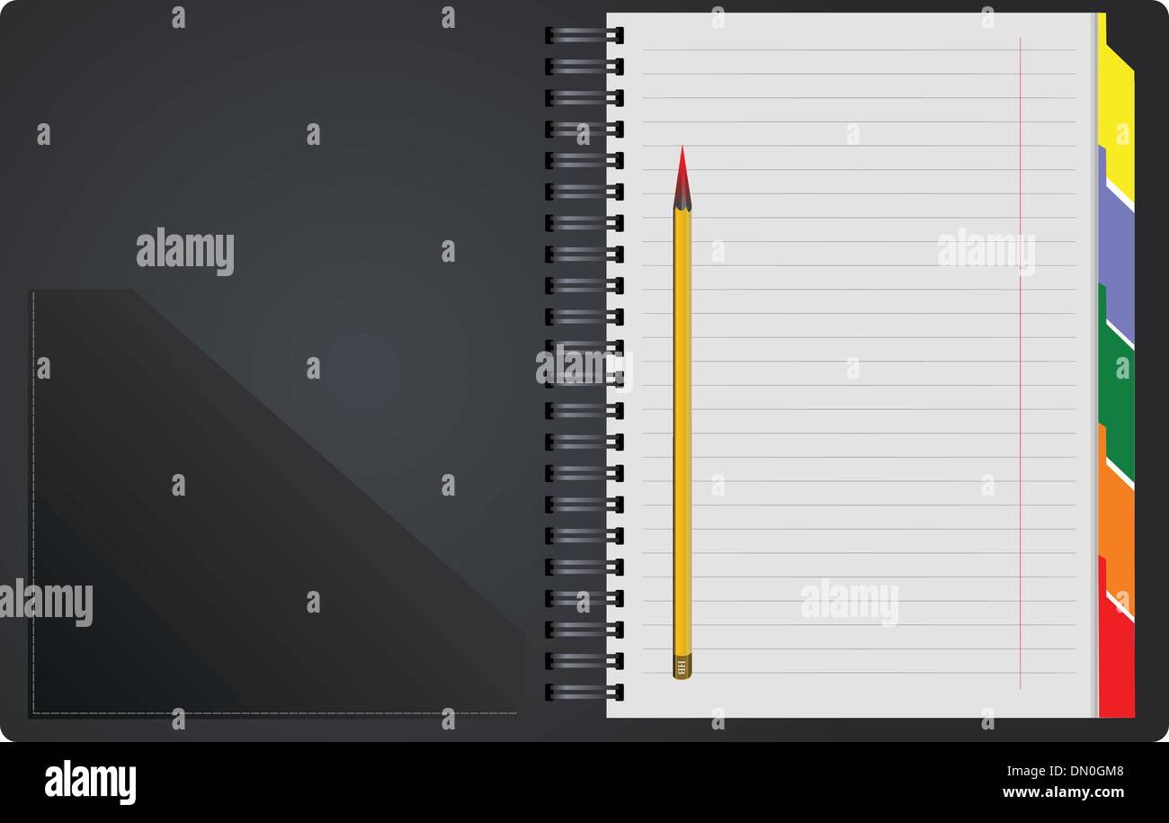 Black Notebook open on white background with orange pensil. Vect Stock ...