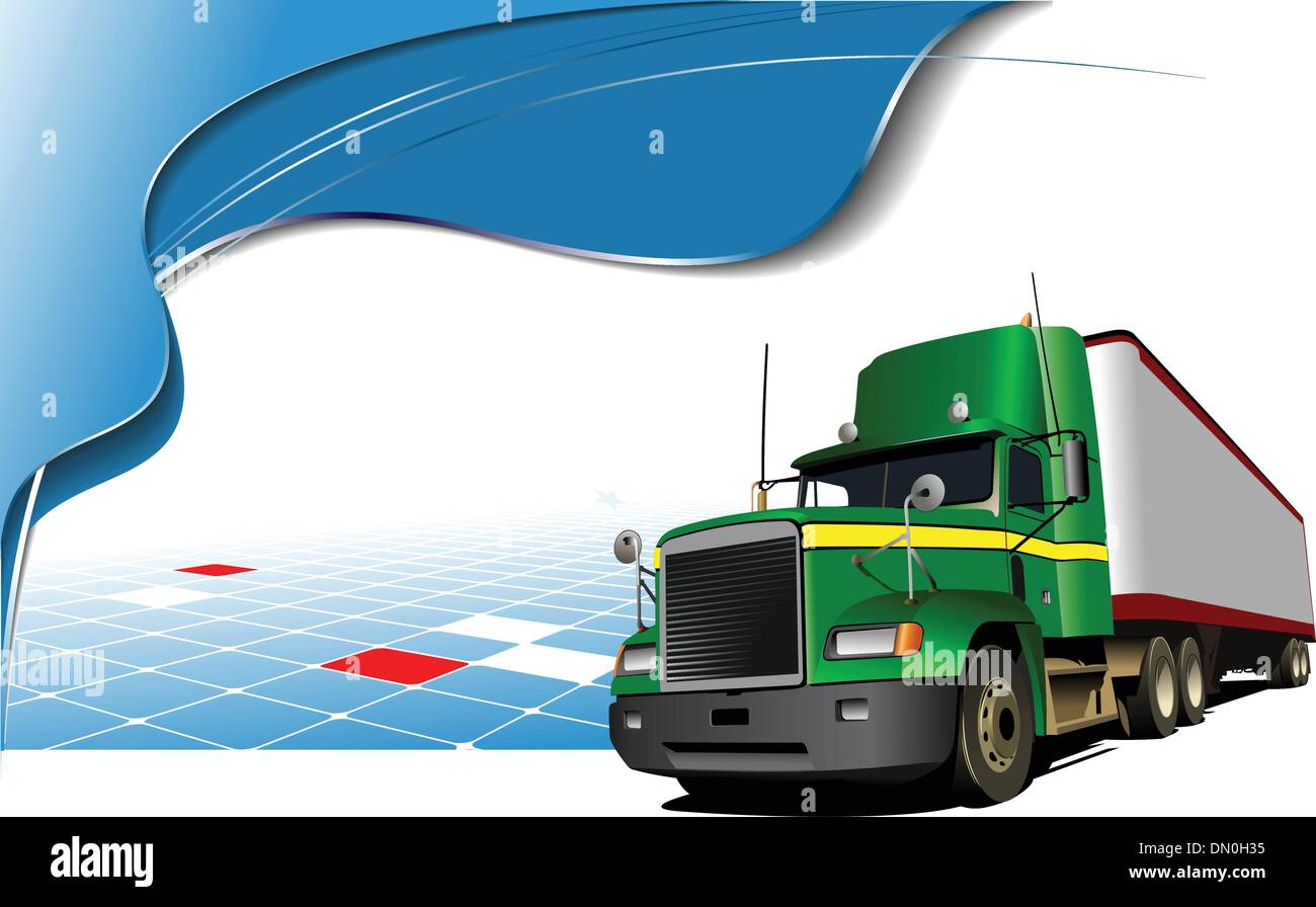 Abstract blue wave background with green lorry on the road. Vect Stock ...