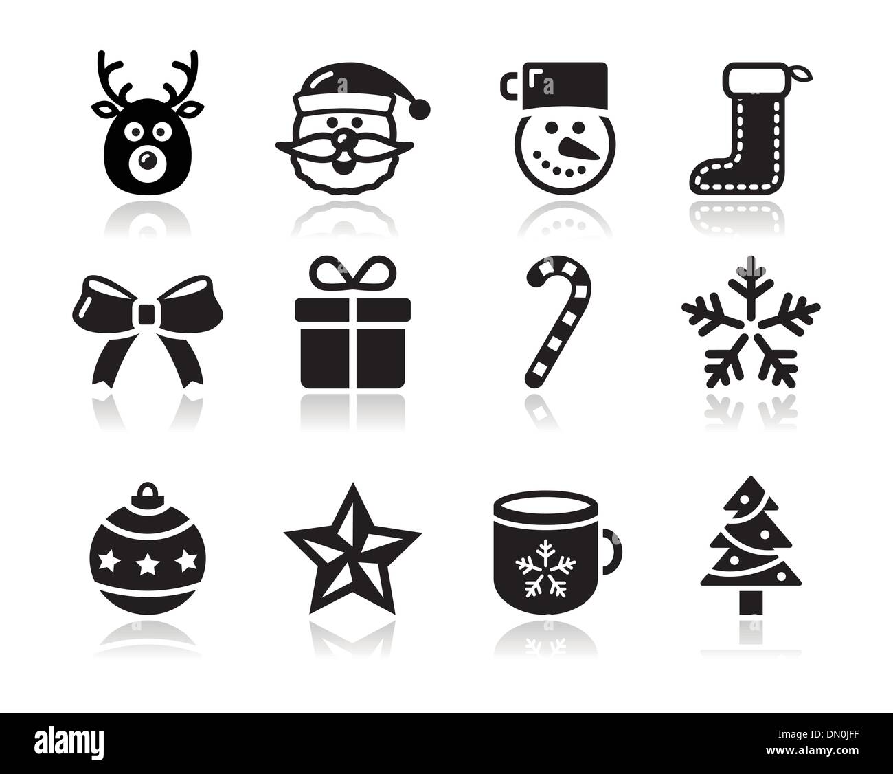 Christmas black icons with shadow set - santa, present, tree Stock ...