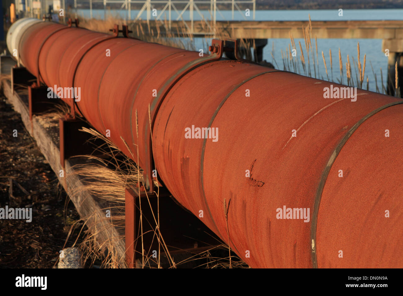 Large rusty pipeline in the industrial area of an Alaskan harbor in ...