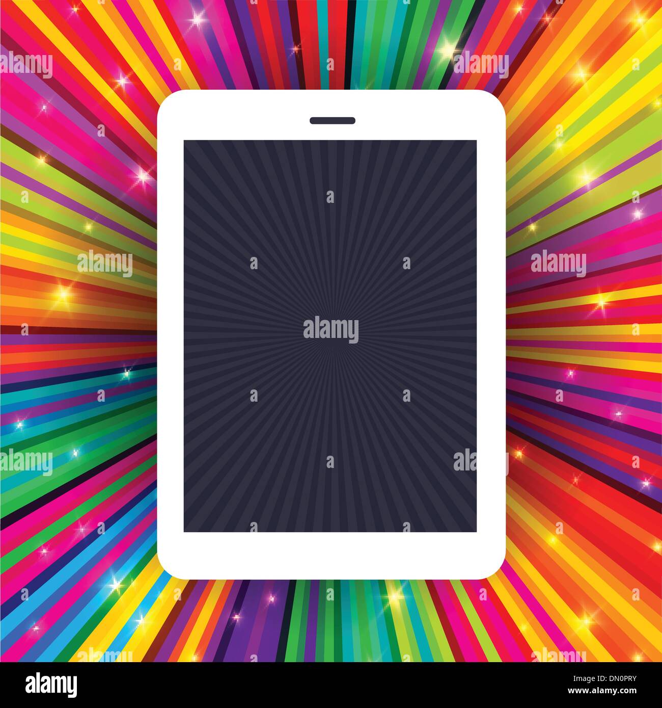 Tablet device on colorful rays background. Conceptual illustrati Stock ...