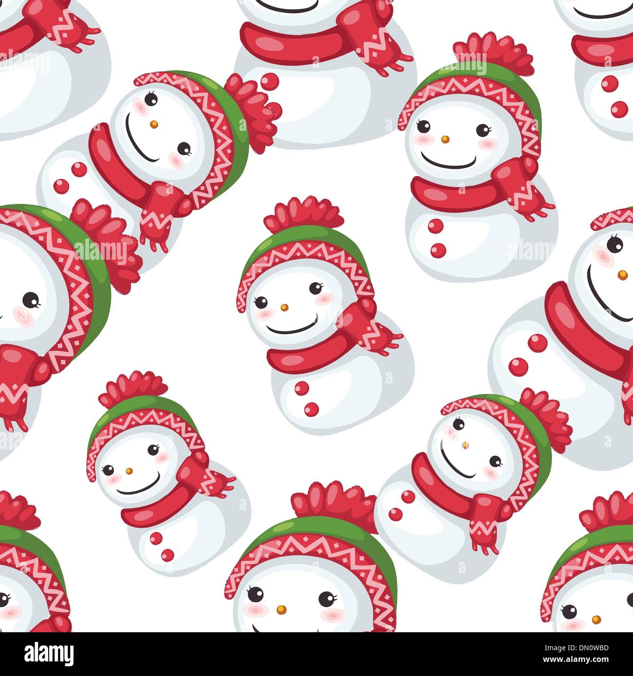 Cute smiling snowman with red scarf and green hat on white background ...