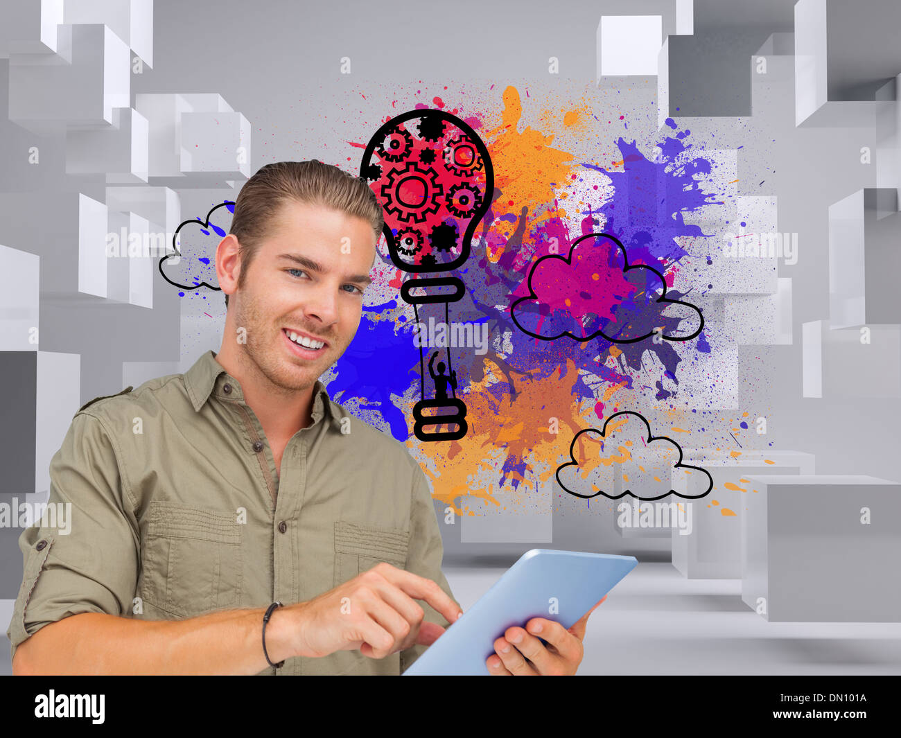Composite image of happy man using tablet pc Stock Photo - Alamy
