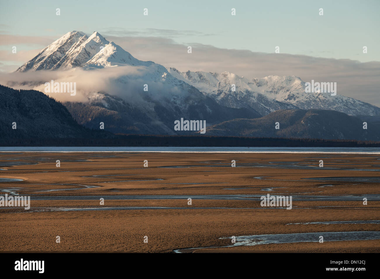 Low tide on the Chilkat inlet near Haines Alaska in early winter with ...
