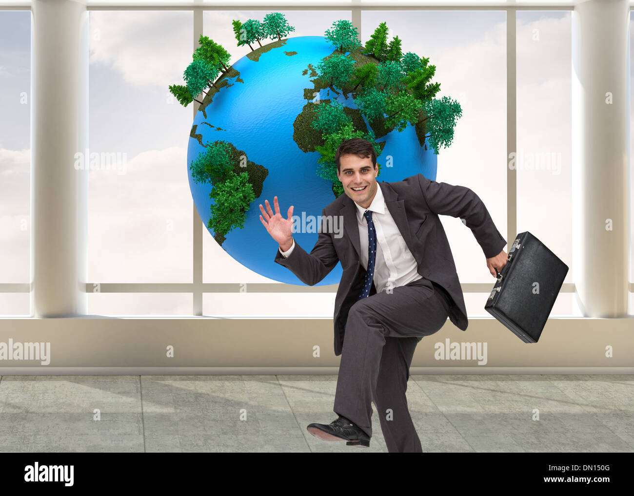 Composite image of happy businessman in a hury Stock Photo - Alamy