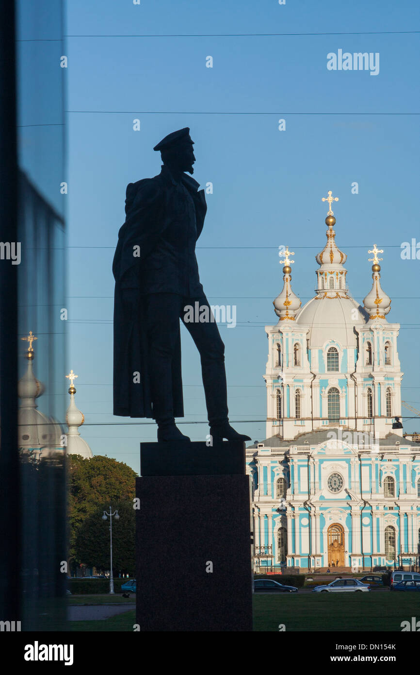 Russia, St Petersburg, statue of Felix Dzerzhinsky and Smolny Cathedral ...