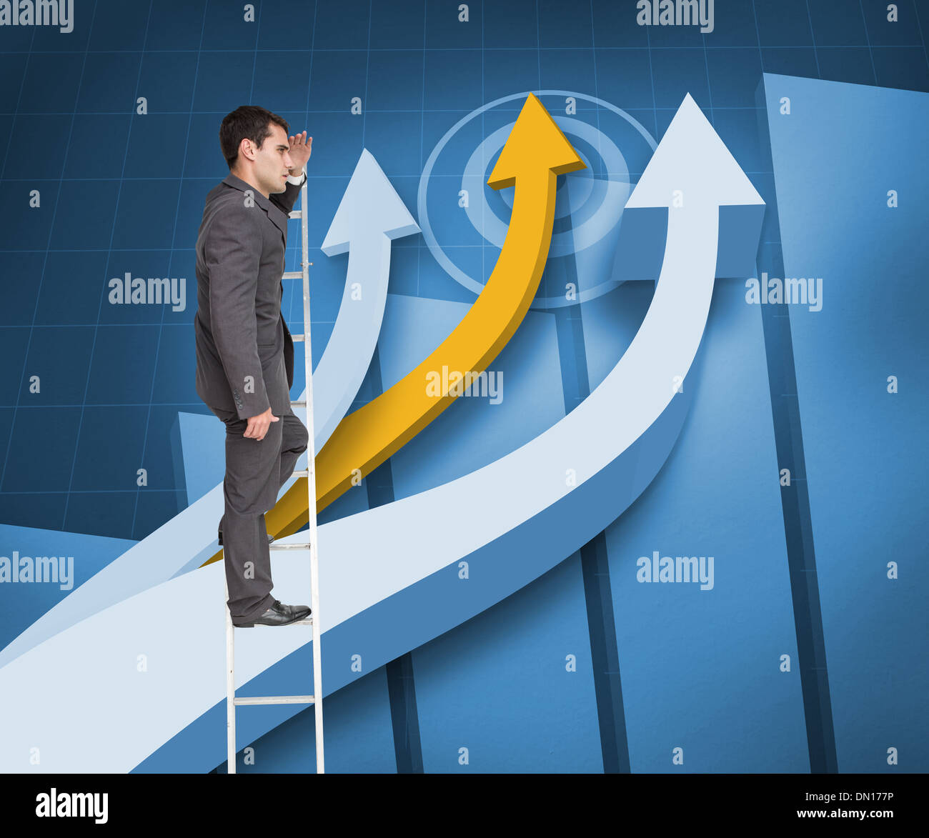 Composite image of stern businessman standing on ladder Stock Photo - Alamy