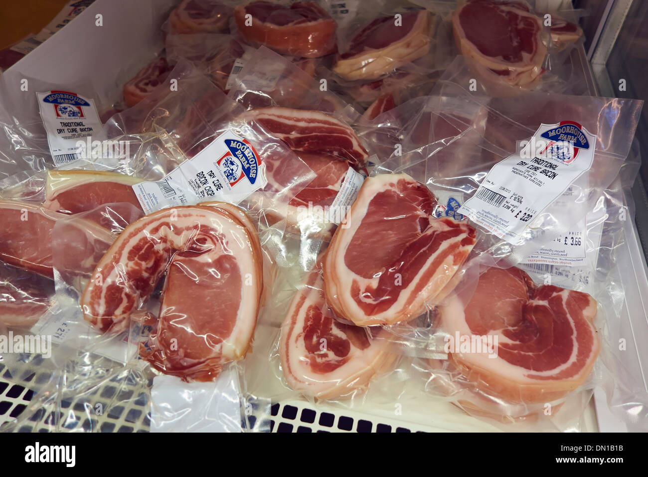 Traditional Bacon on sale at a farm shop in Northumberland, England ...