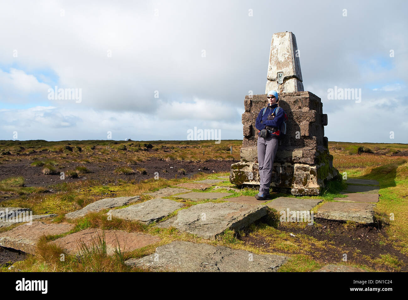 A hiker at the summit of the Cheviot in Northumberland, England, UK ...