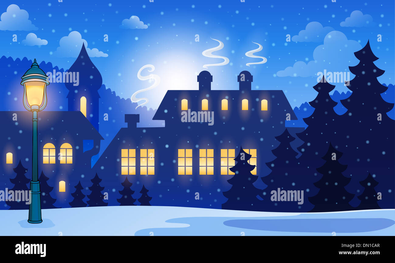 Winter town background 1 - picture illustration Stock Photo - Alamy