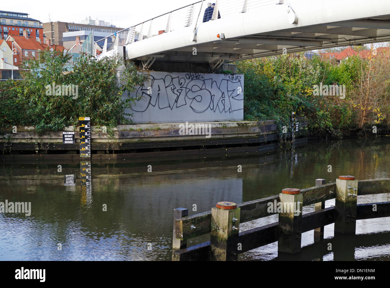 A view of graffiti on a bridge support by the River Wensum at Riverside ...