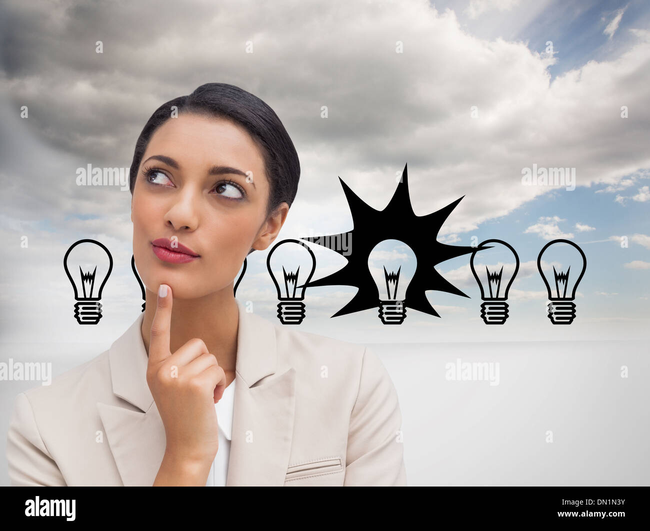 Composite image of smiling businesswoman thinking Stock Photo - Alamy