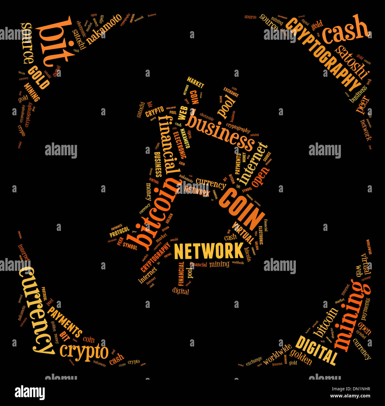 bitcoin logo word cloud with orange wordings on black background Stock ...