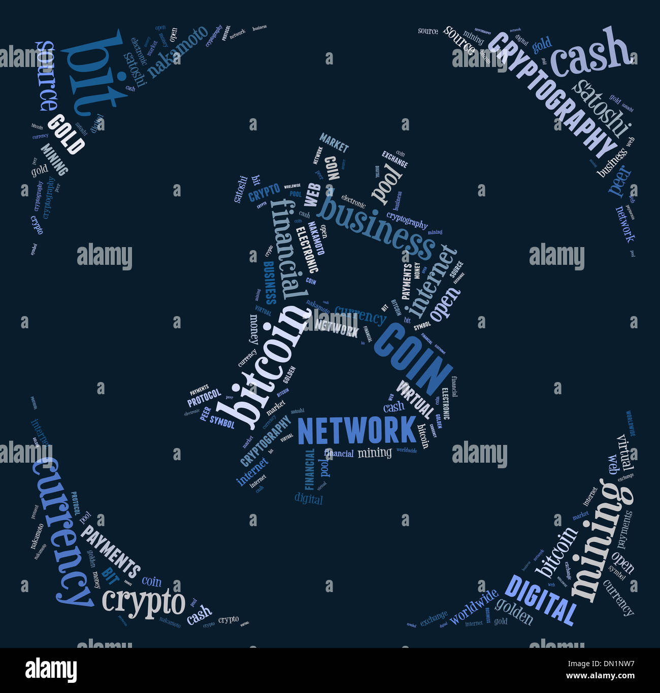 bitcoin logo word cloud with blue wordings on blue background Stock ...