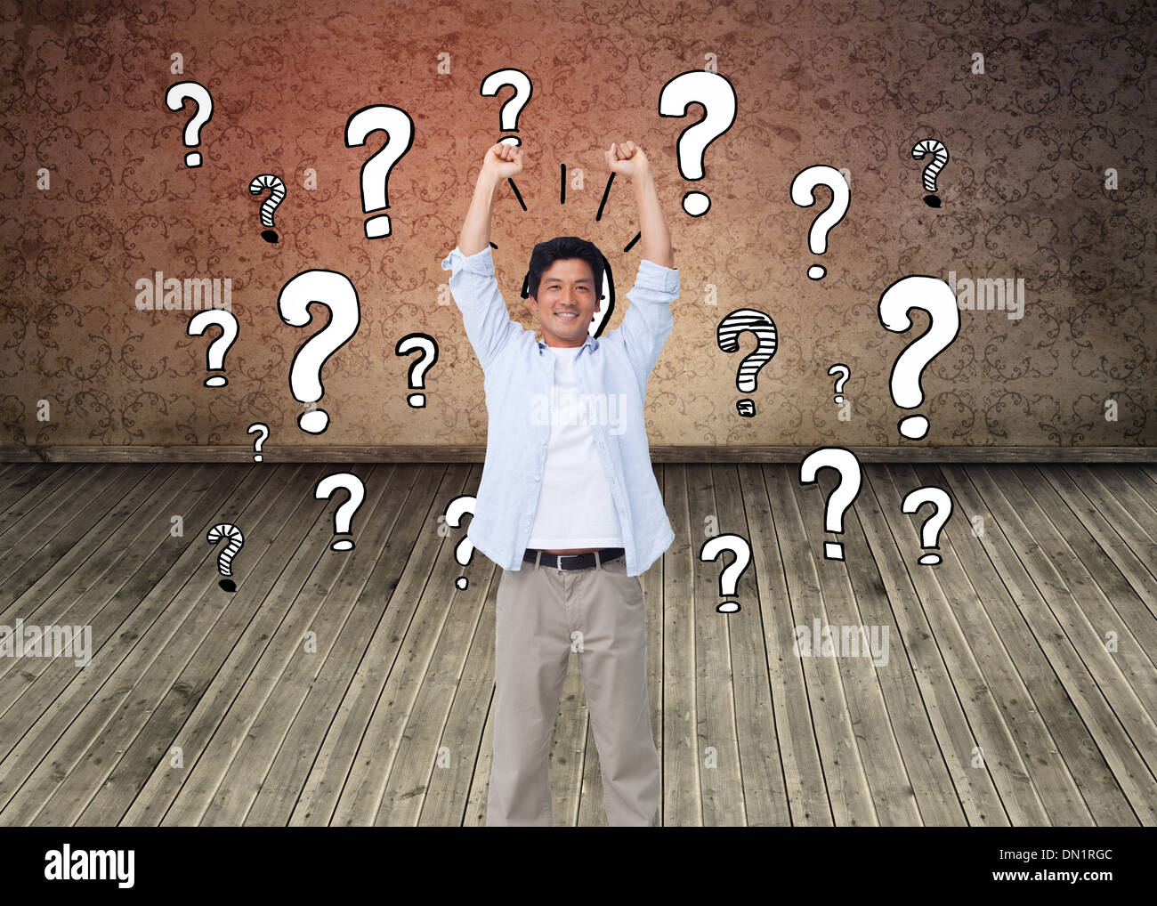 Composite image of cheering male with arms up Stock Photo - Alamy