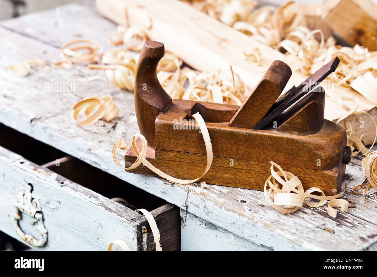 old wooden plane in a workshop of the carpenter Stock Photo - Alamy