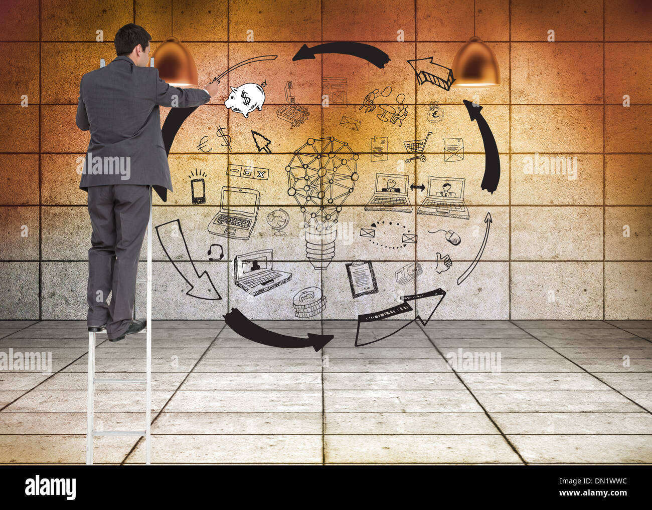 Composite image of businessman standing on ladder Stock Photo - Alamy