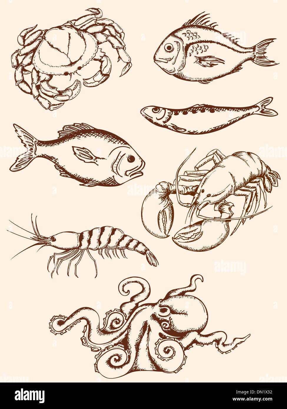 hand drawn seafood icons Stock Vector Image & Art - Alamy