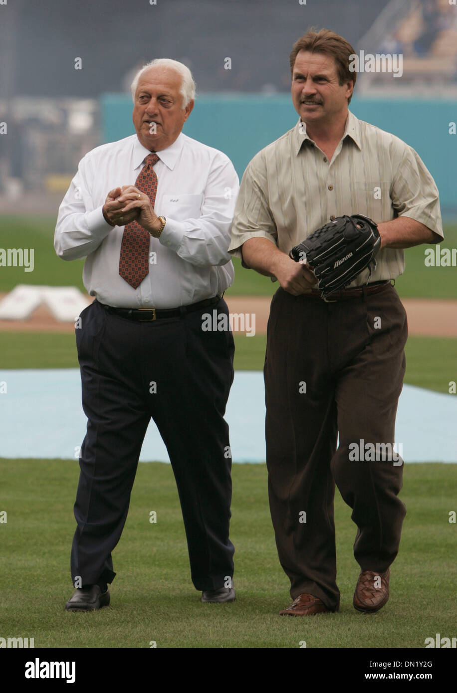 Apr 03, 2006; Los Angeles, CA, USA; RON CEY catches the first pitch of ...