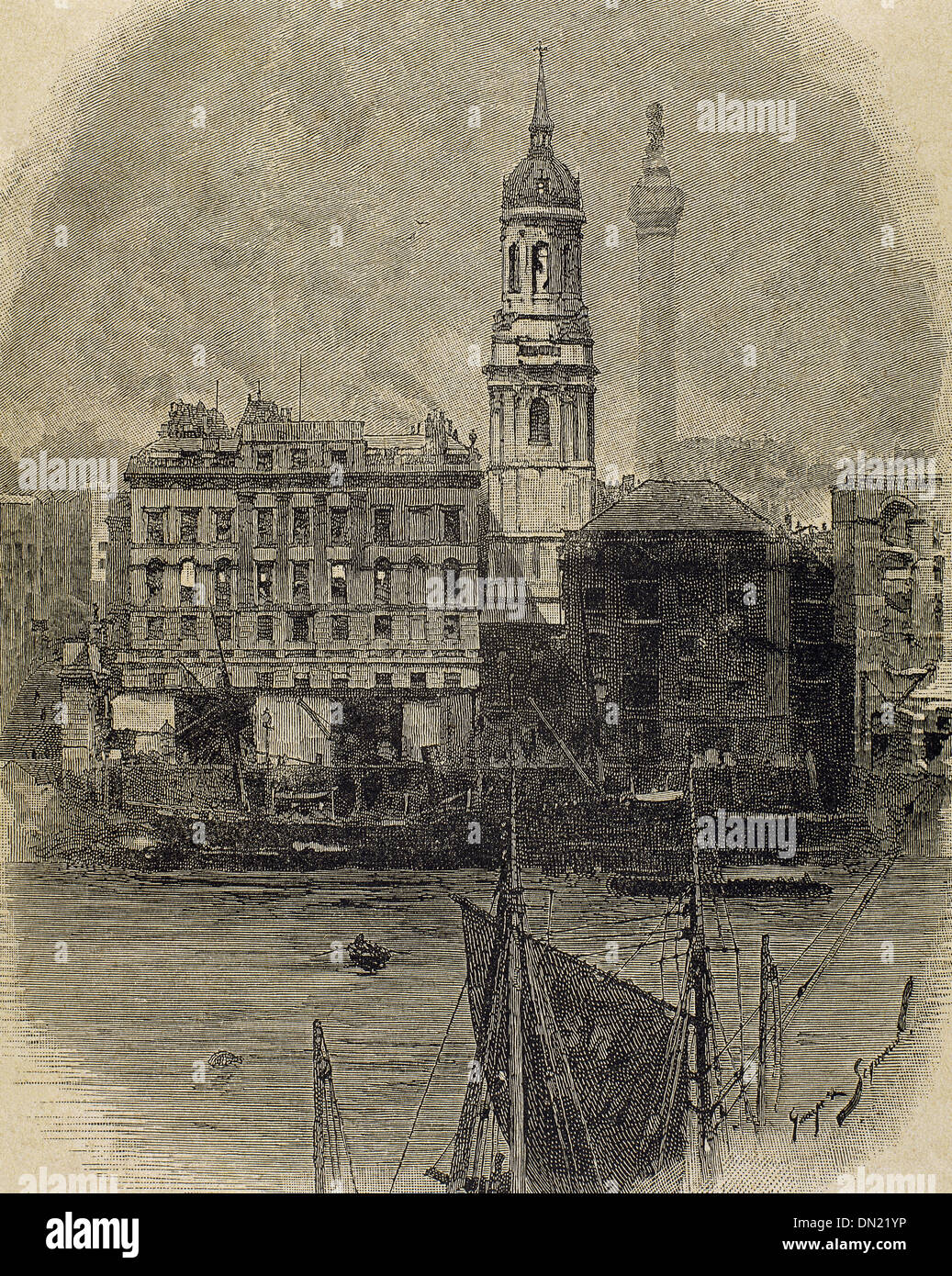 England. London. Breakwater. Engraving "La Ilustracion Iberica", 1885 ...