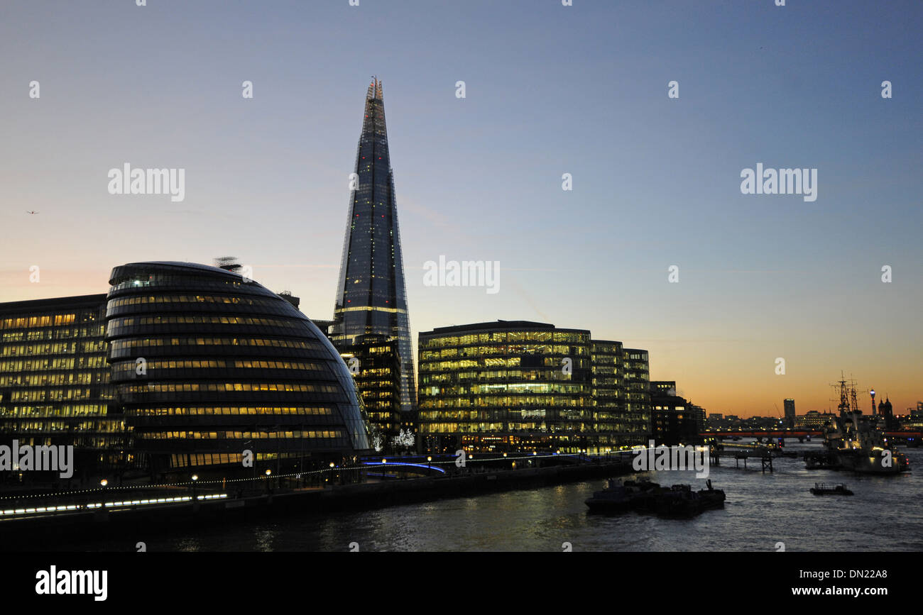 View along River Thames to City Hall and The Shard at Dusk London ...