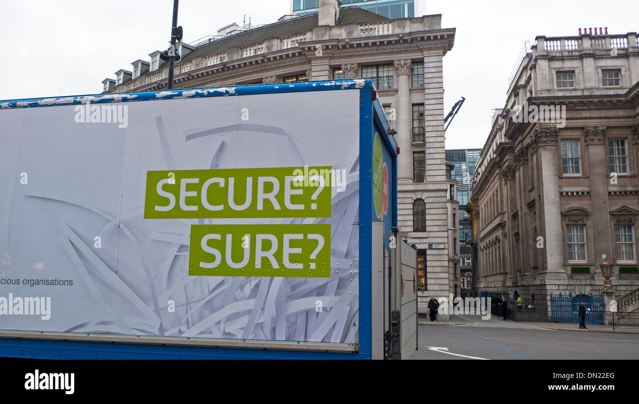 Secure? Sure? sign on the side of a lorry on Lombard Street in Central ...