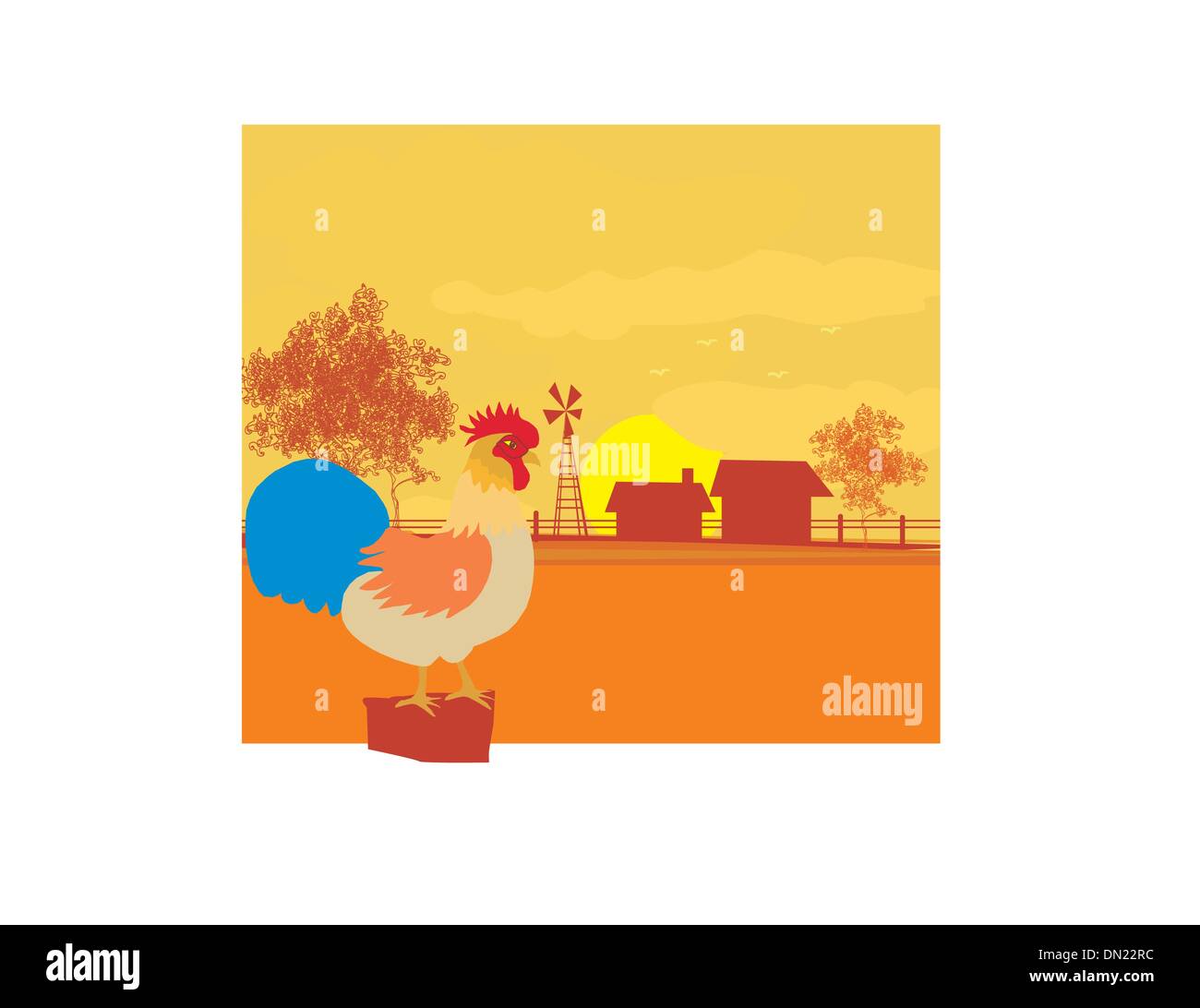 illustrations of crowing rooster on farm backgrounds Stock Vector Image ...