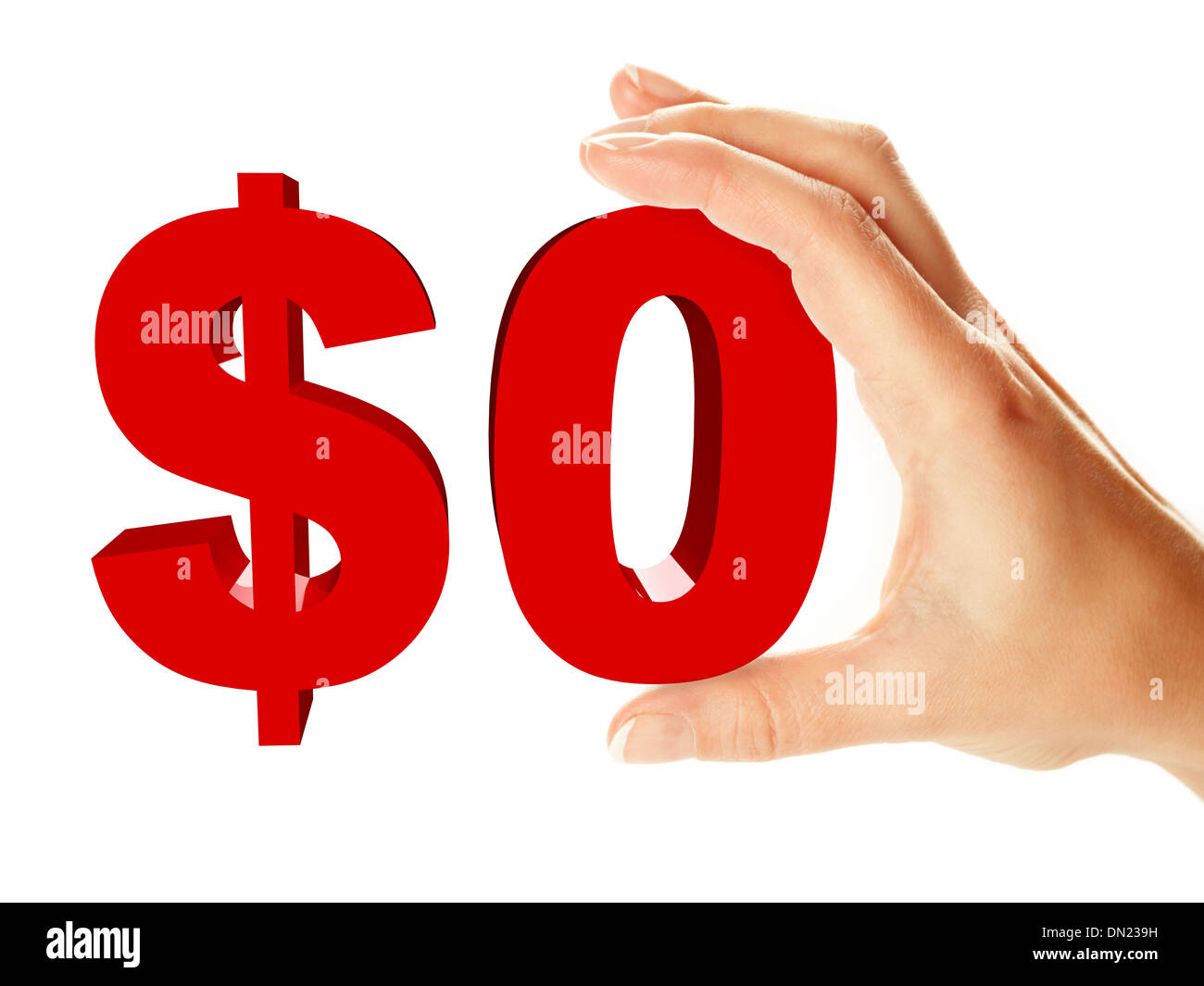 Zero dollar sign holding by female hand, isolated over white background ...