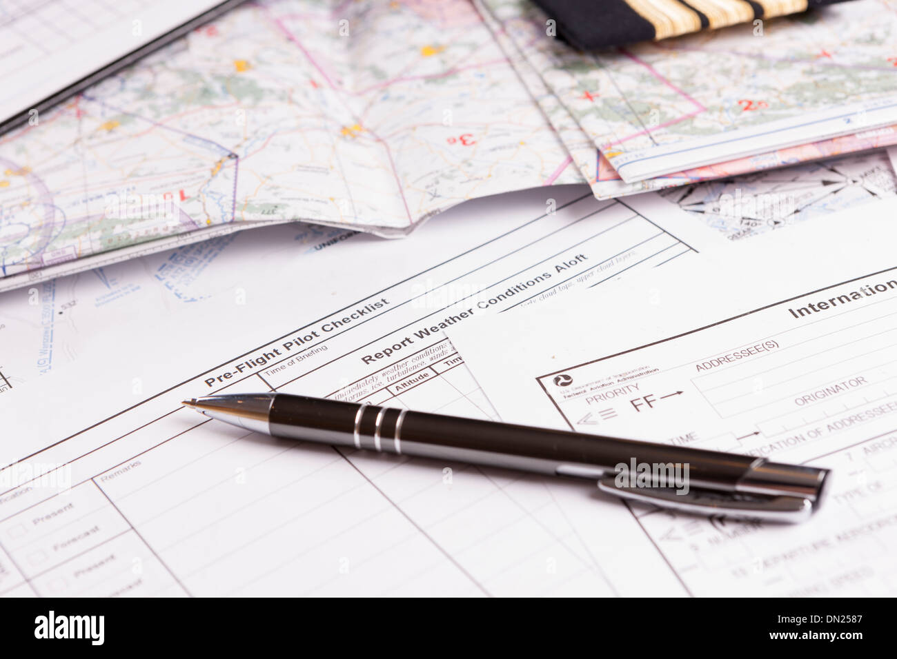 Close up of an airplane pilot equipment and flightplannig papers Stock ...