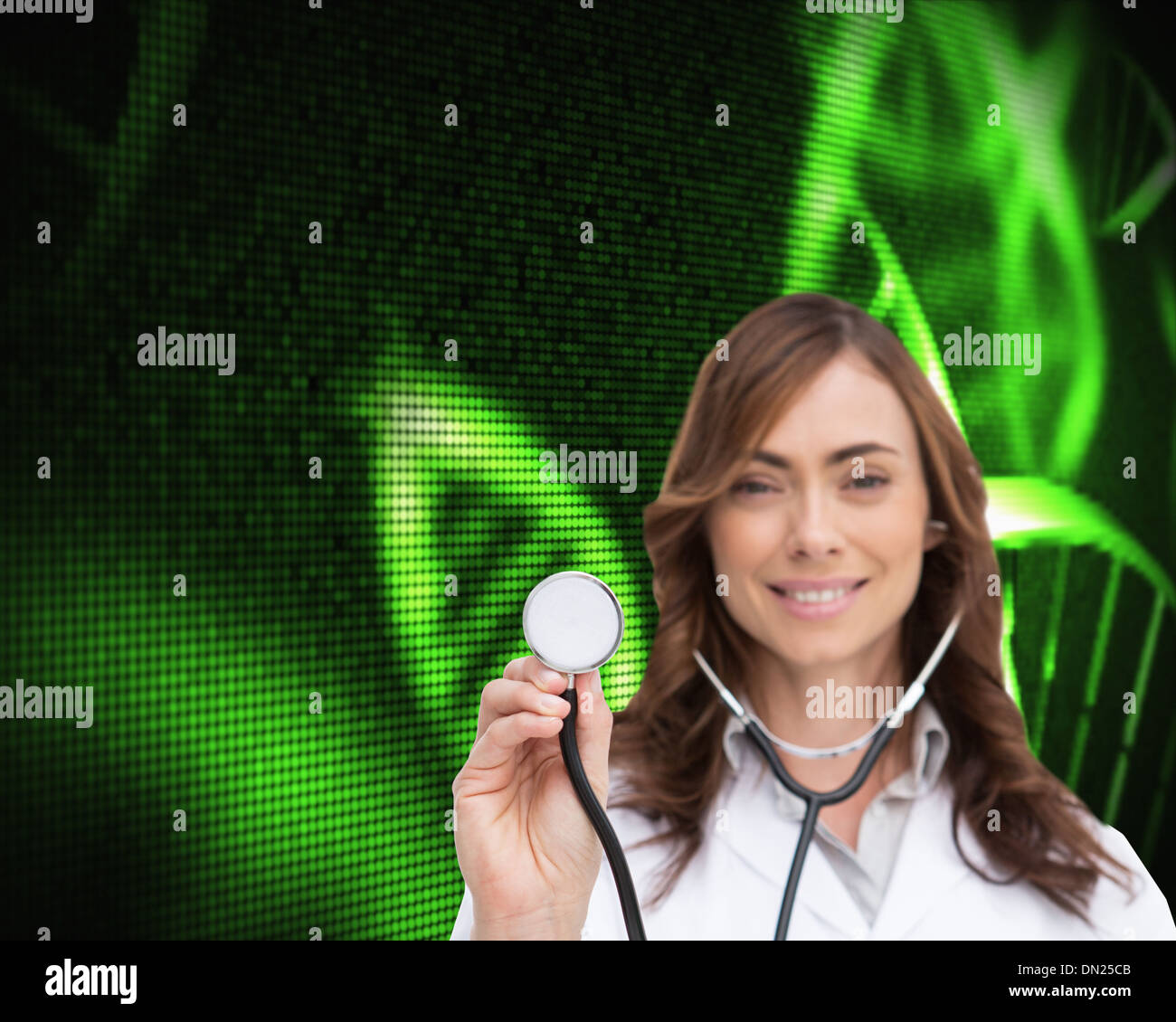 Composite image of happy doctor using stethoscope Stock Photo - Alamy