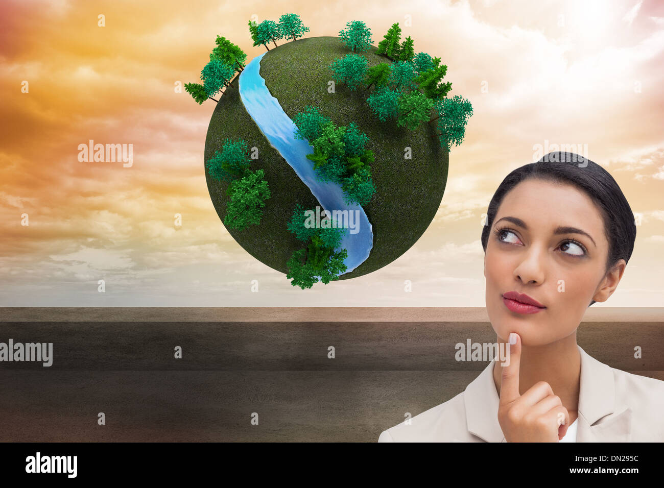 Composite image of smiling businesswoman thinking Stock Photo - Alamy