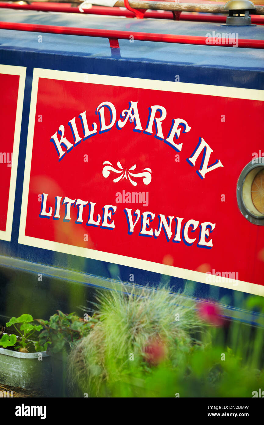 Signage on barge narrow boat in canal, Little Venice, Maida Vale ...