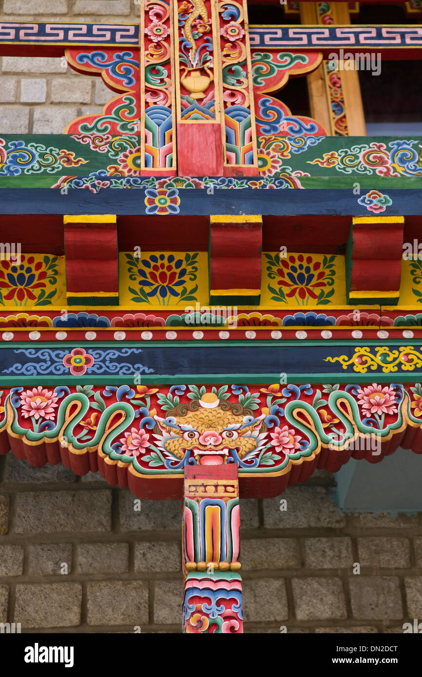 Bhutan, Bumthang Kurjey, window, colourfully painted frame of new house ...