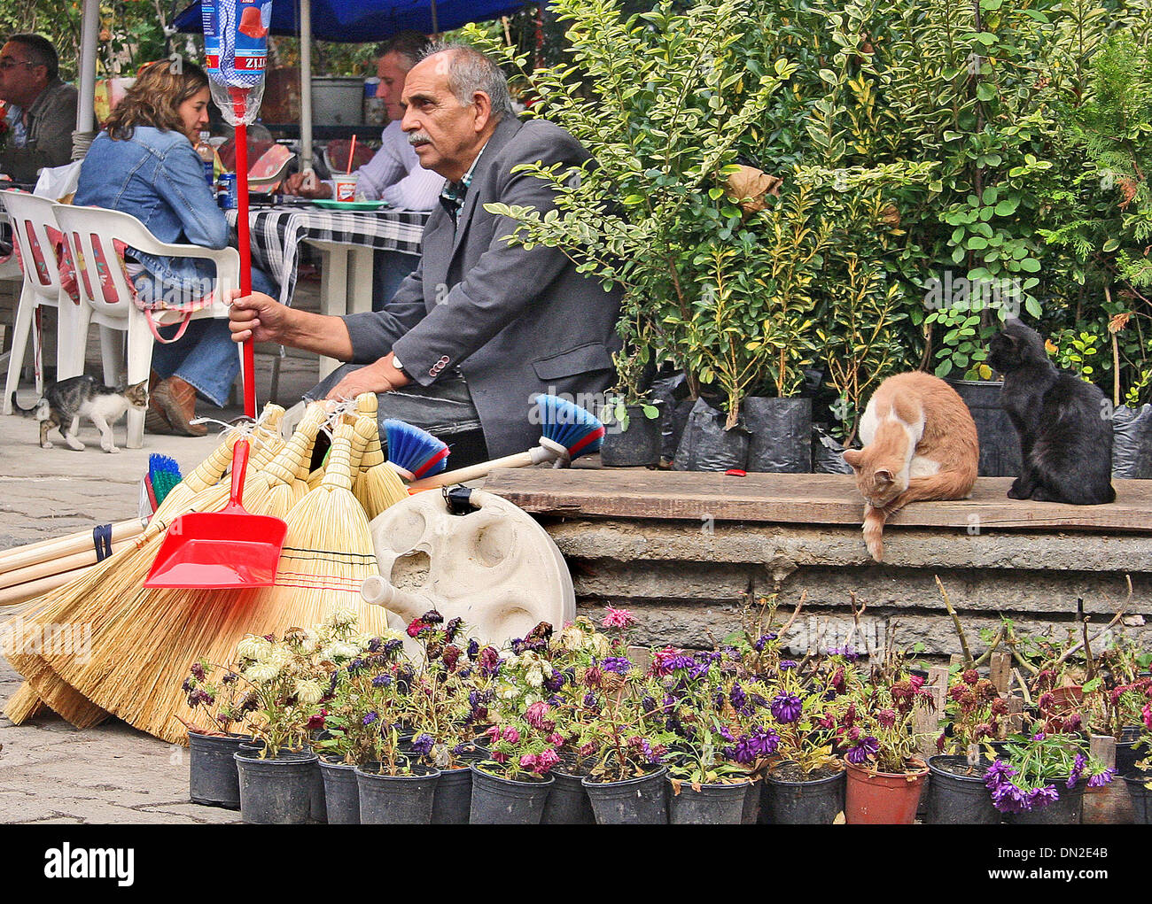 Istanbul street seller with brooms and brushes takes a break watched by ...
