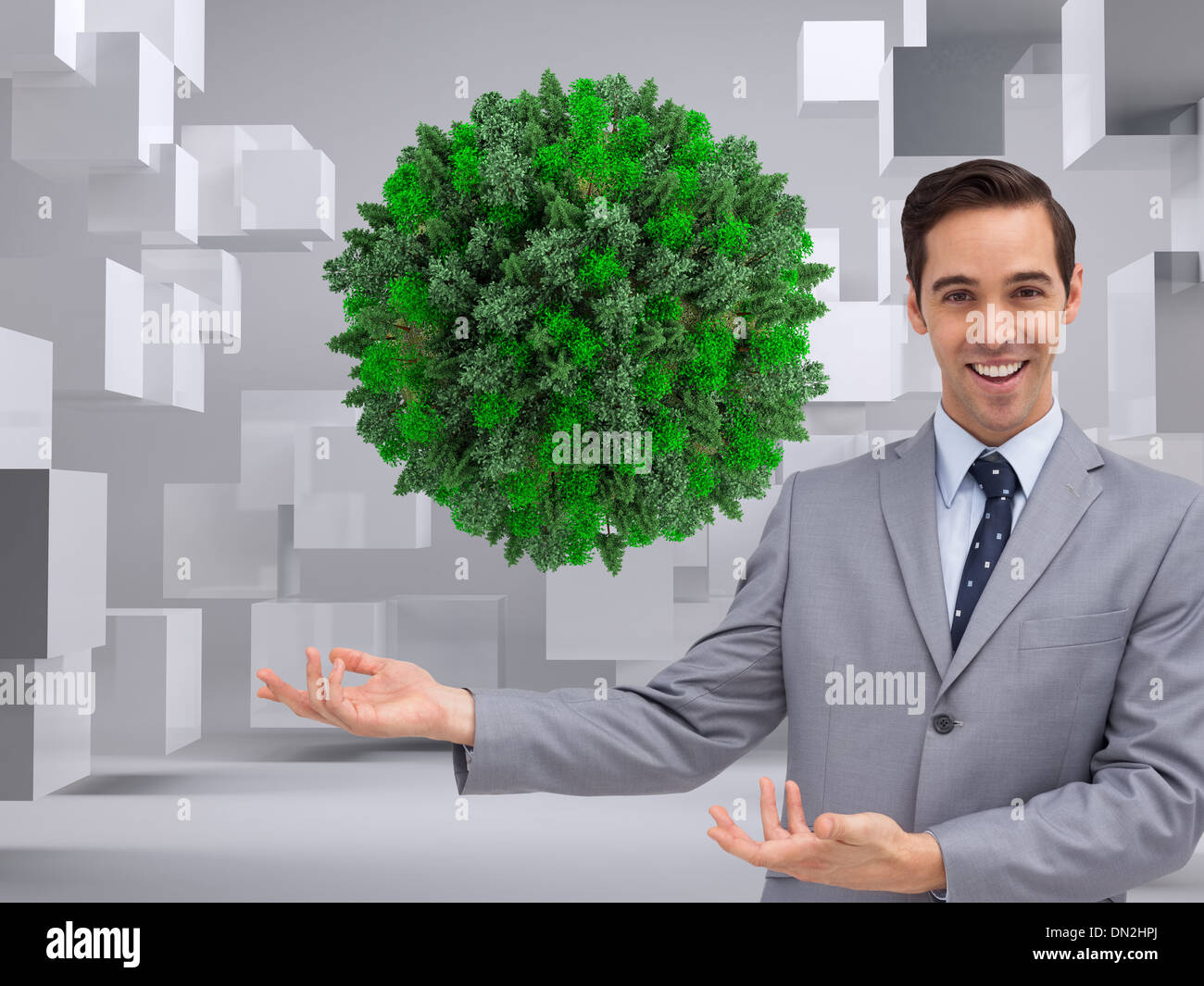 Composite image of young businessman presenting something Stock Photo ...