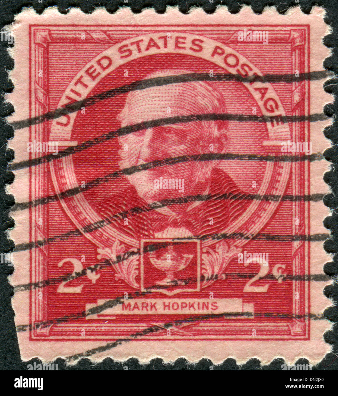 Postage stamp printed in the USA, shows a portrait of an American ...
