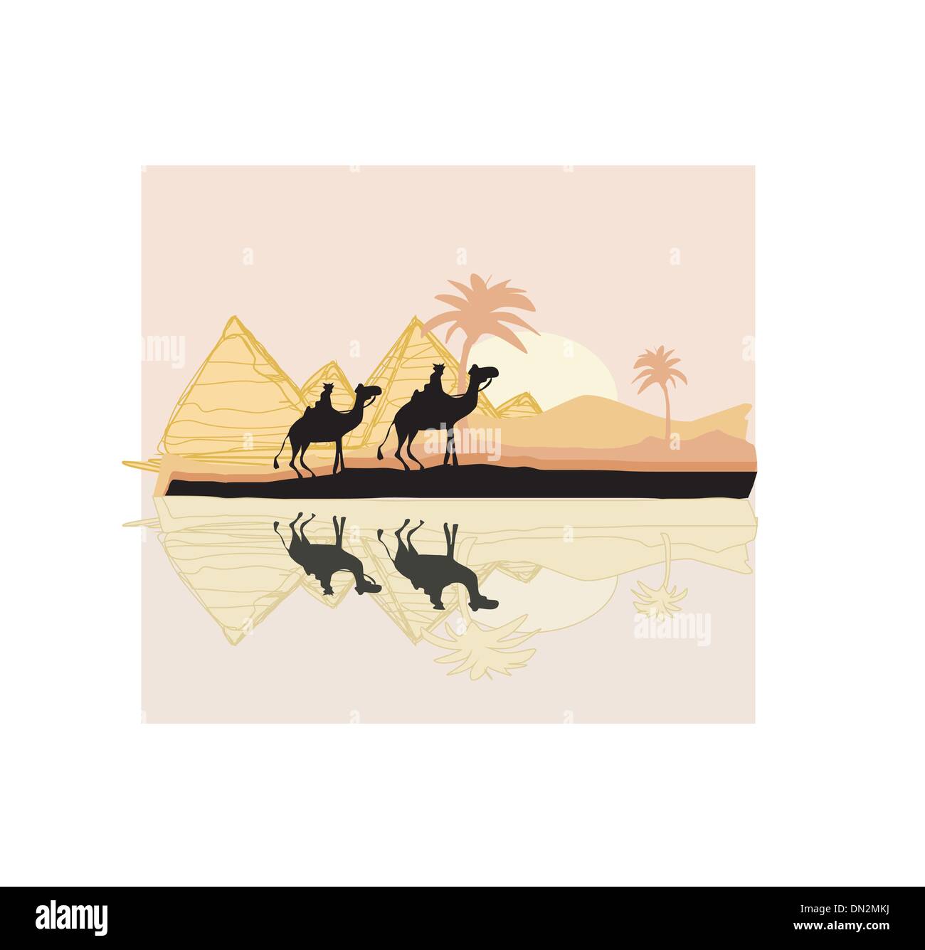 Bedouin camel caravan in wild africa landscape illustration Stock ...