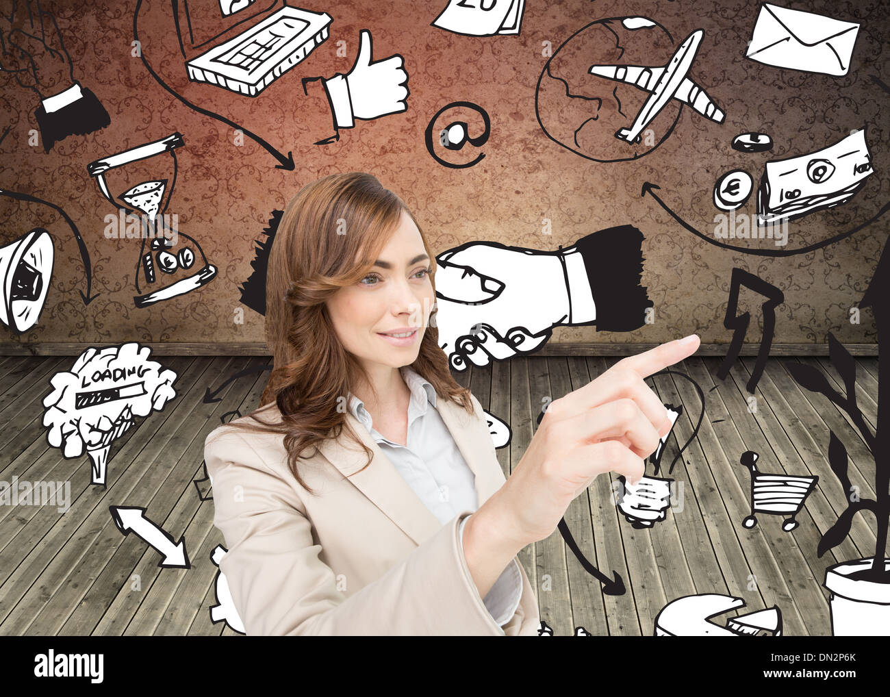 Composite image of businesswoman pressing an invisible key Stock Photo ...