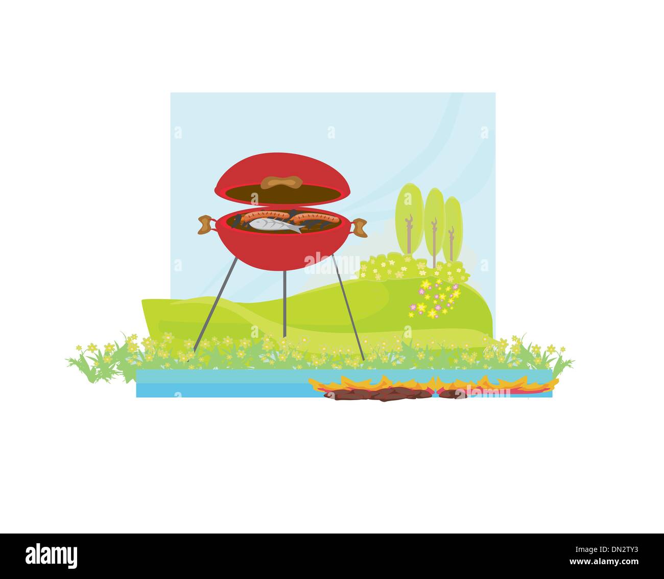 Grilling meat sausages barbecue Stock Vector Images - Alamy