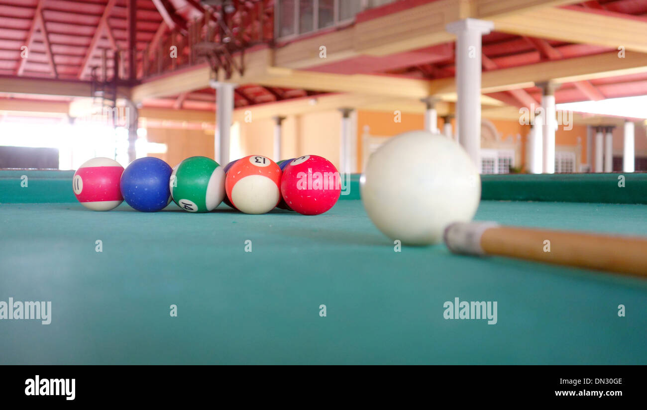 Pool table with balls and no people Stock Photo - Alamy