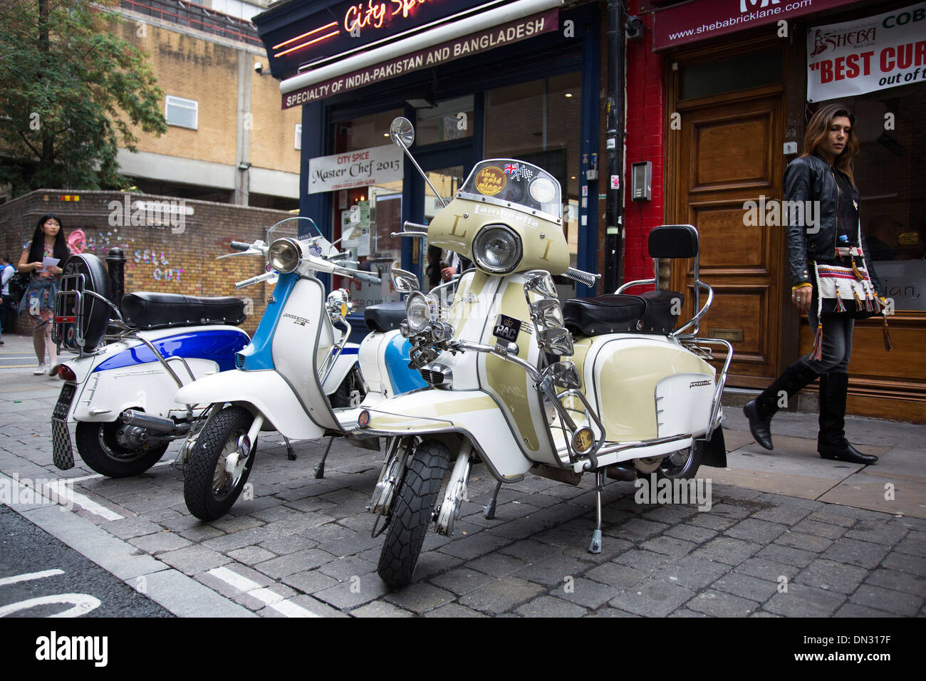 Vintage Lambretta scooters on Brick Lane, East London, UK Stock Photo ...
