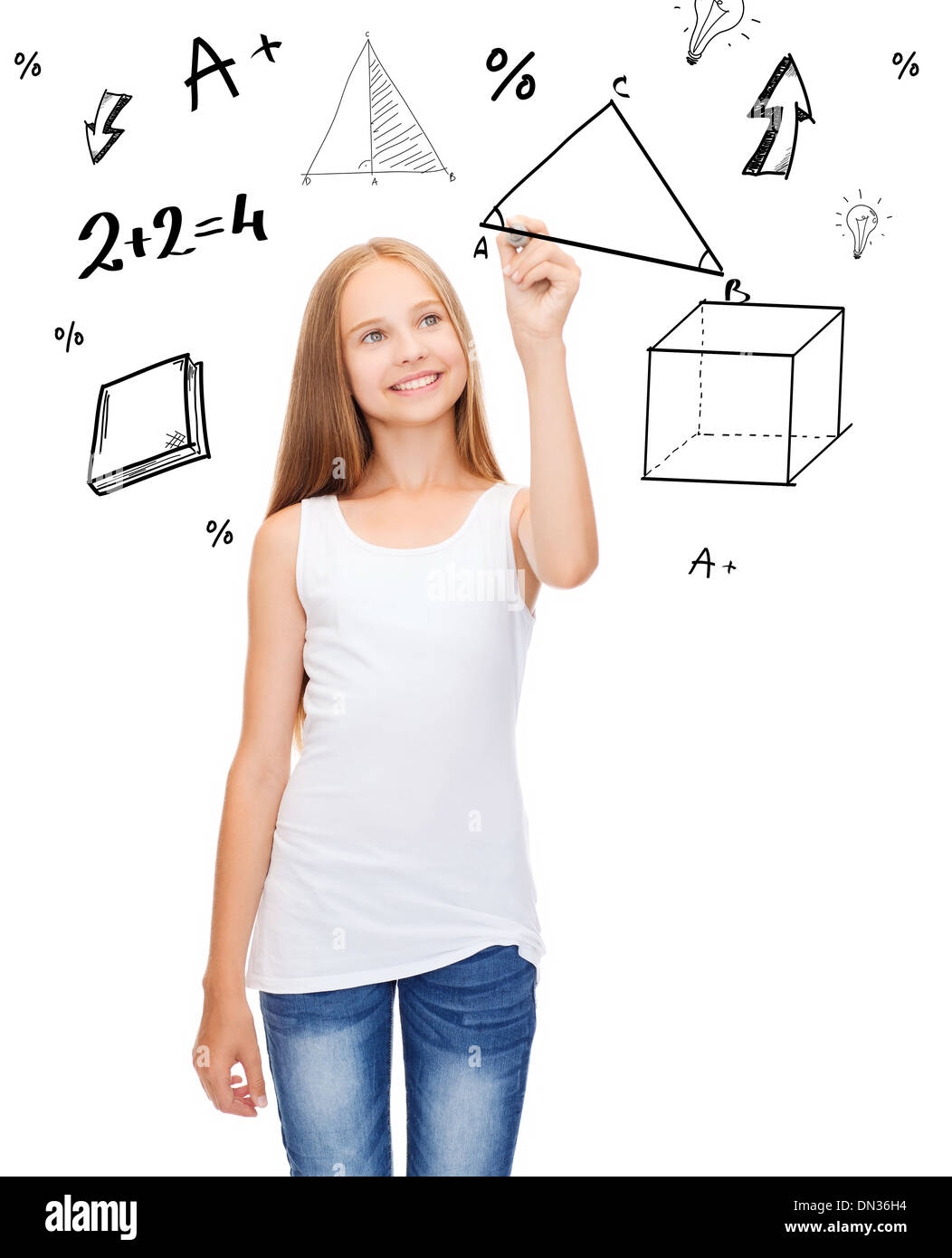 smiling girl in blank white shirt drawing triangle Stock Photo - Alamy