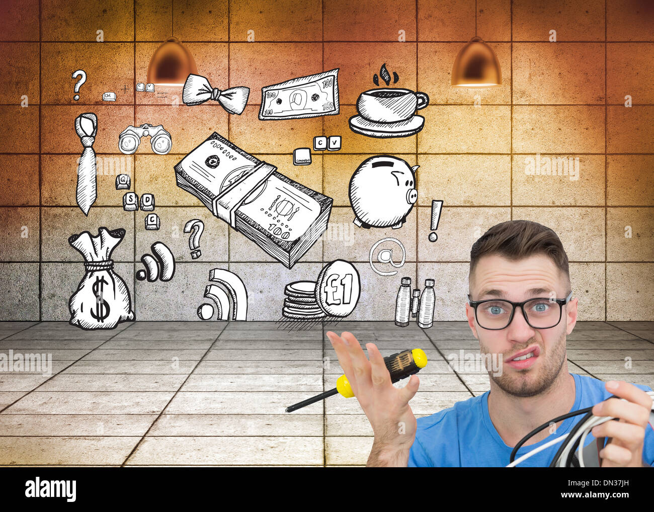 Composite image of portrait of confused it professional with screw ...