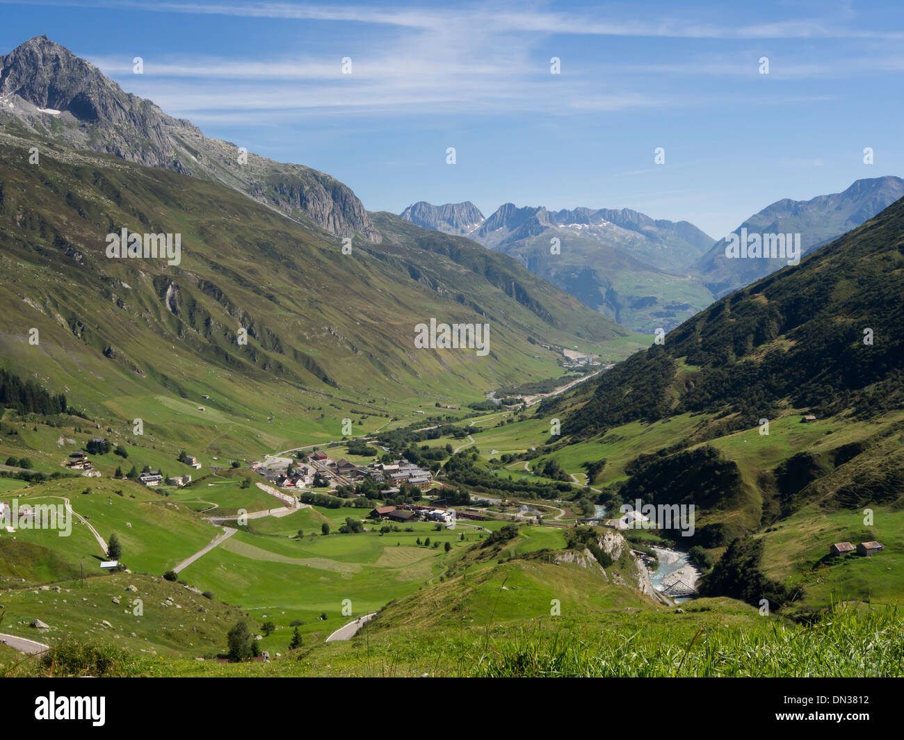 village of Realp in the valley of Urserental from the Furka pass road ...