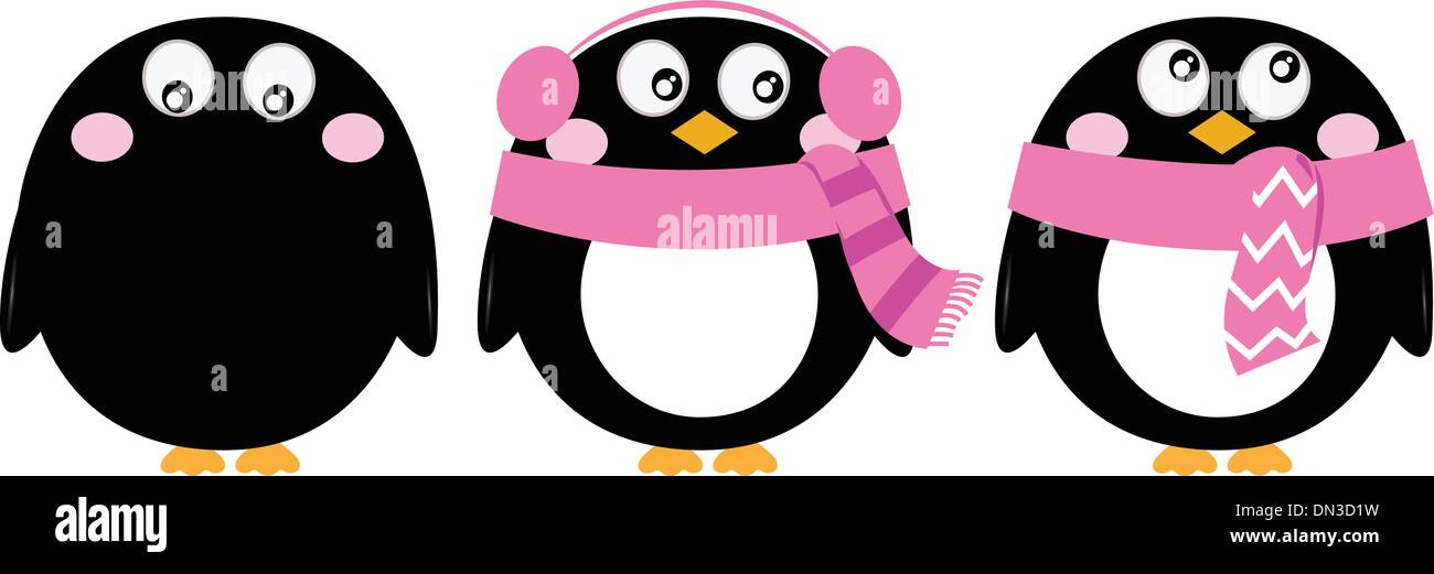 Cute pink cartoon penguin set isolated on white Stock Vector Image ...