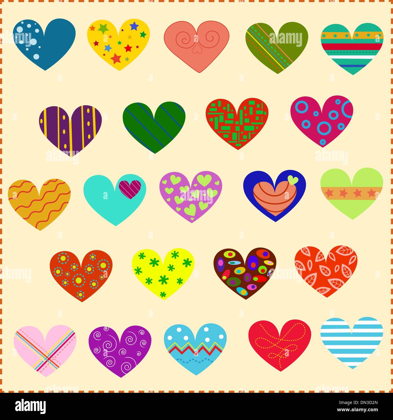 Decorated hearts with different subjects and patterns hi-res stock ...