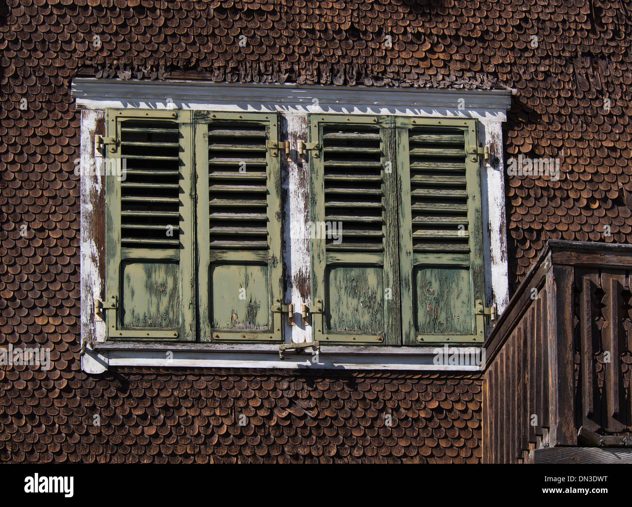 Old typical traditional wooden timber house facade with window, the ...